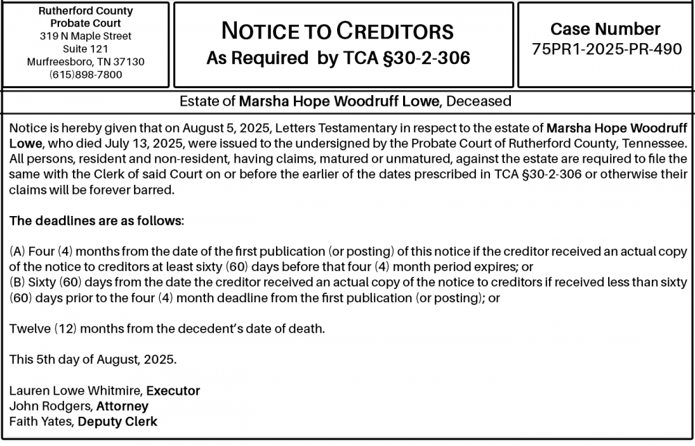 NOTICE TO CREDITORS: Estate of Marsha Hope Woodruff Lowe, Deceased ...