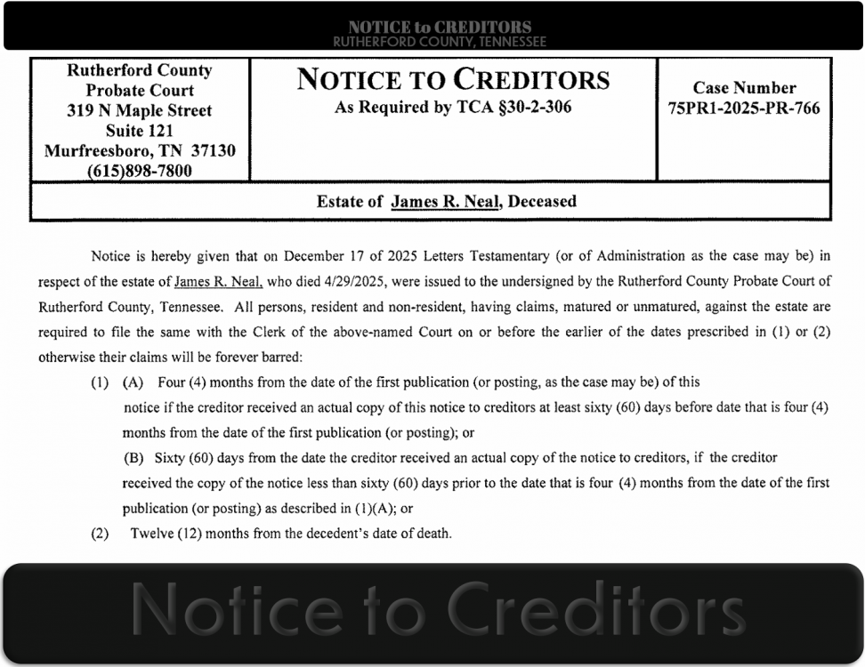 NOTICE TO CREDITORS: Estate of James R. Neal, Deceased - WGNS Radio