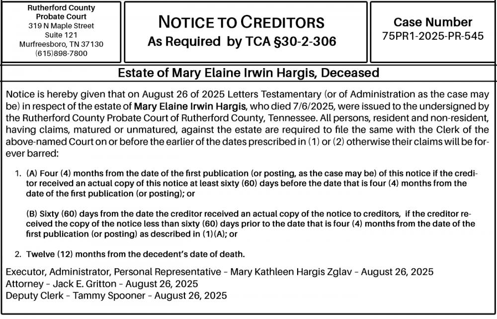 NOTICE TO CREDITORS: Estate of Mary Elaine Irwin Hargis, Deceased ...